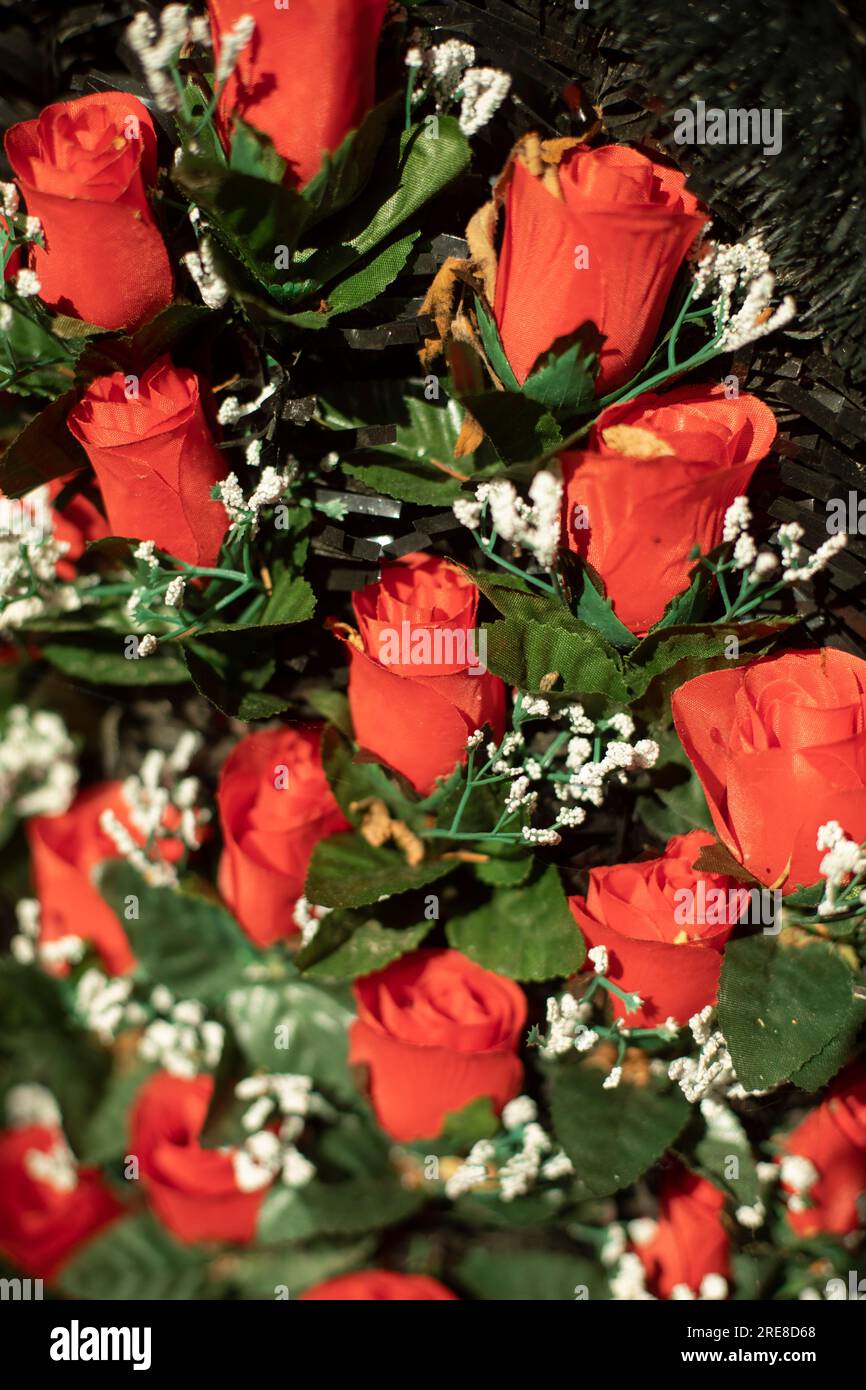 Funeral wreath. Details of flowers at funeral ceremony. Background of ...
