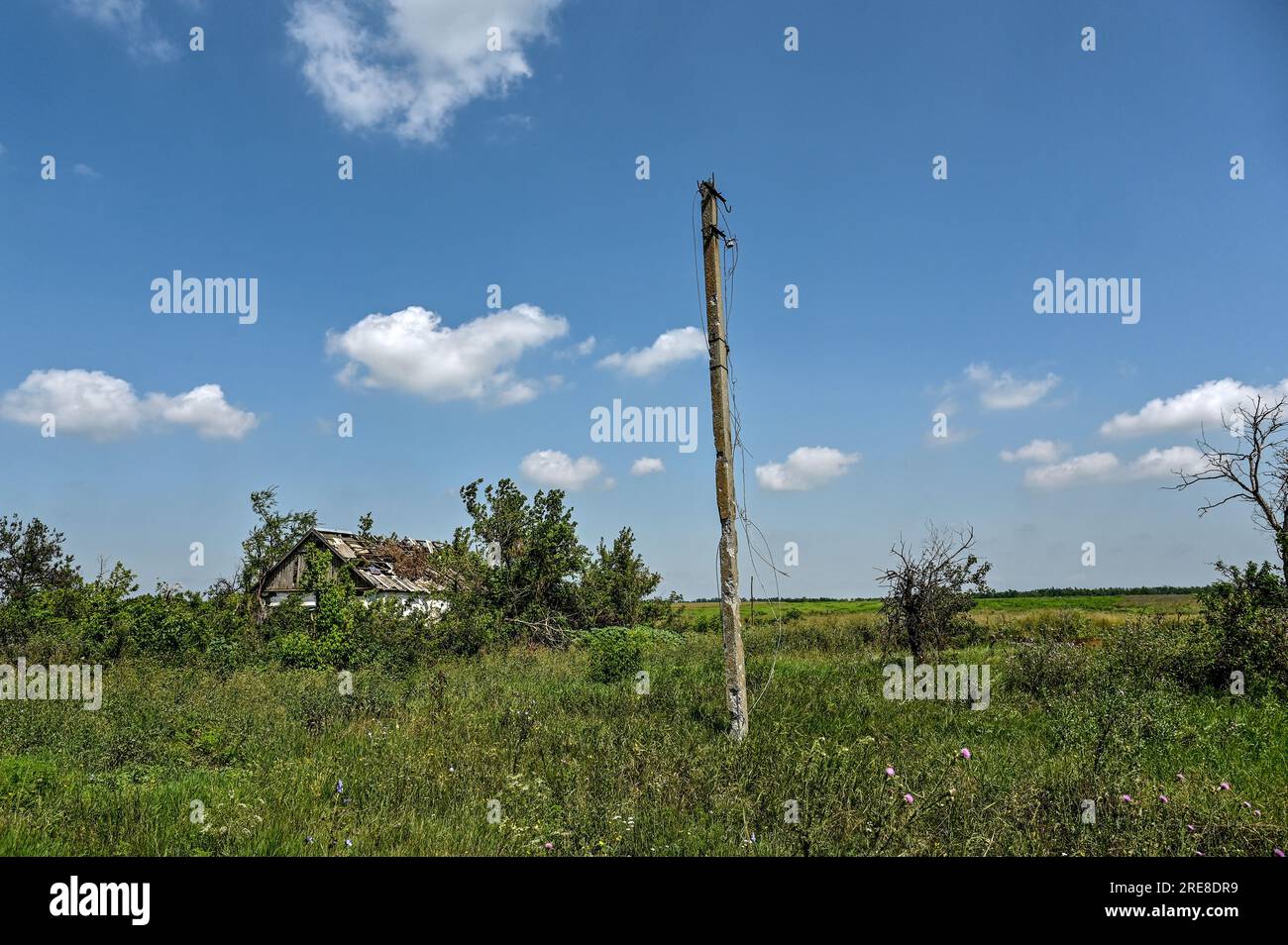 NOVODARIVKA, UKRAINE - JULY 21, 2023 - A house destroyed by the ...
