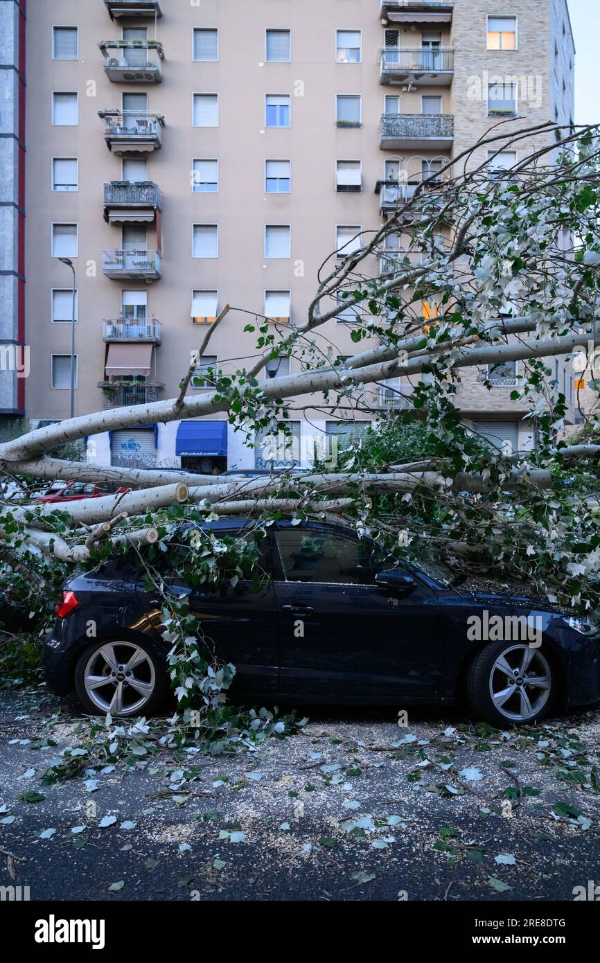 Milan, Italy. 25th July, 2023. Damages caused by bad weather in Milan ...