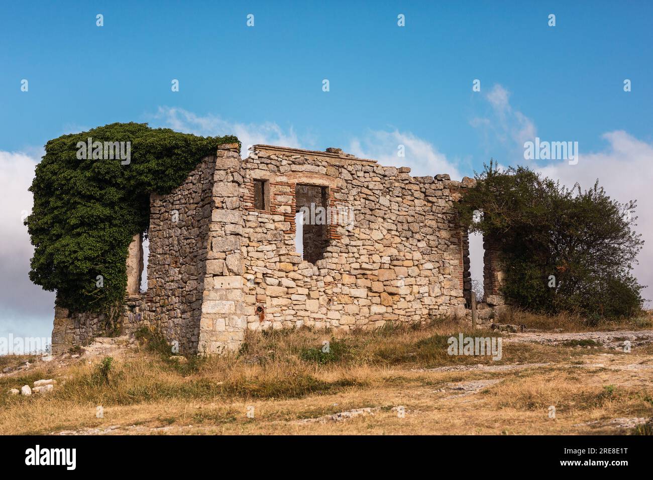 ruins of a house in La Mussara,Tarragona, Spain, above everything on a ...