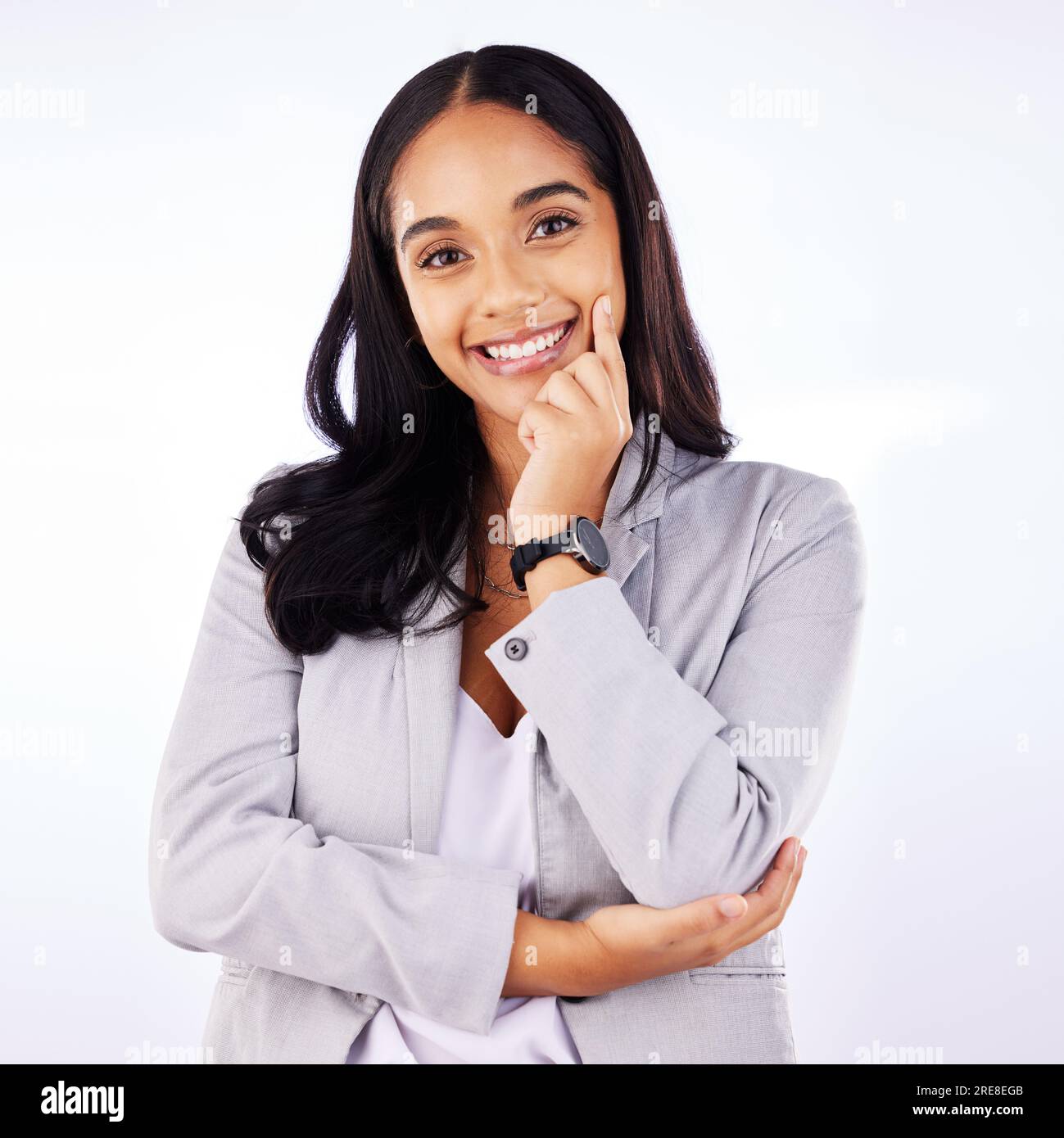 Business woman, thinking and portrait with smile in studio with ...