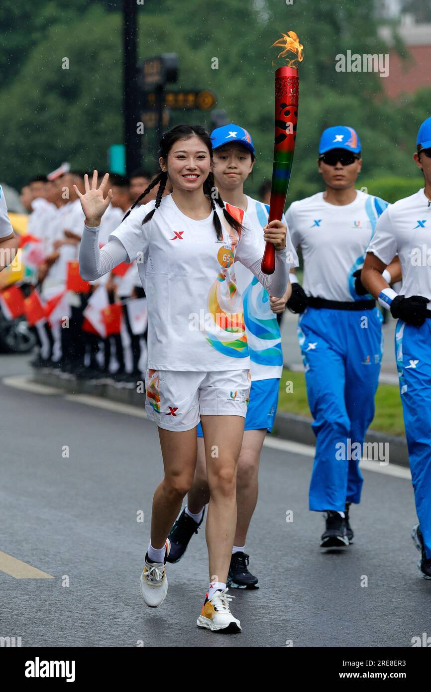 Chengdu, China's Sichuan Province. 26th July, 2023. Torch bearer Wu ...