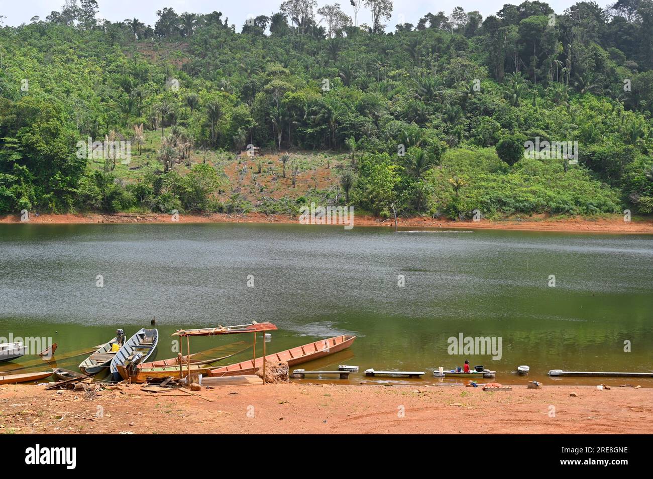 Waterfront with canoe mooring and washing place in Afobaka at the ...