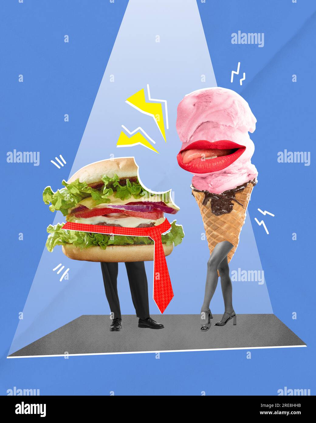 Modern artwork of mr hamburger and mrs ice cream over blue background ...