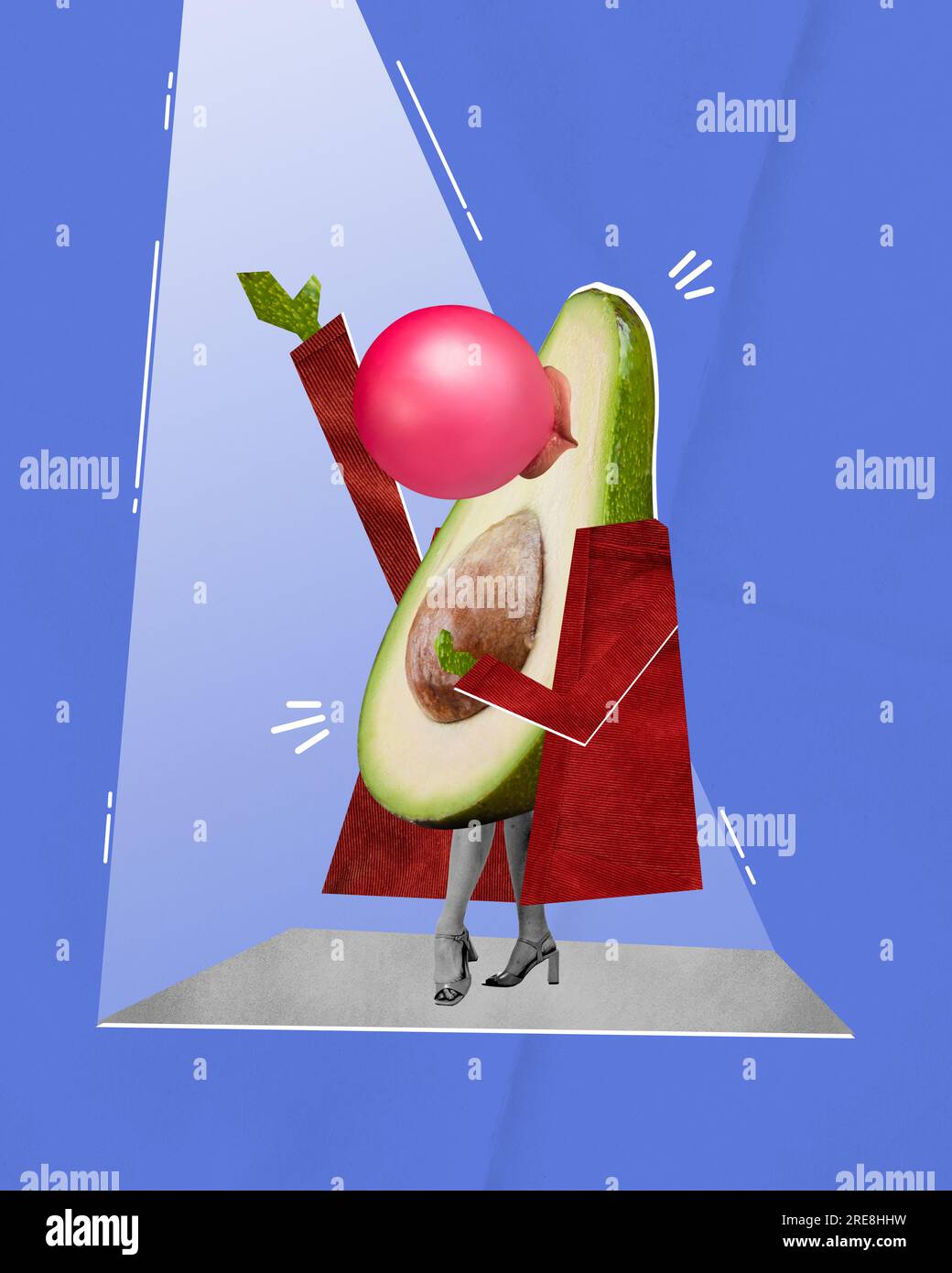 Contemporary artwork of lady avocado in red jacket with bubblegum over ...