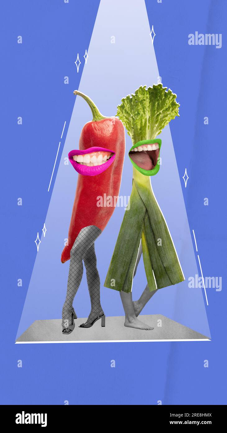 Modern collage of smiling chilli and green salad going to party over ...