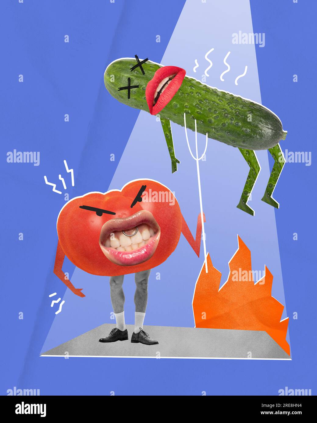 Contemporary artwork of angry tomato wich killed cucumber with ...