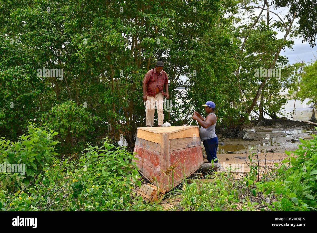 Near a river and surrounded by greenery two carpenters of village Ponoma in Suriname renew the ...