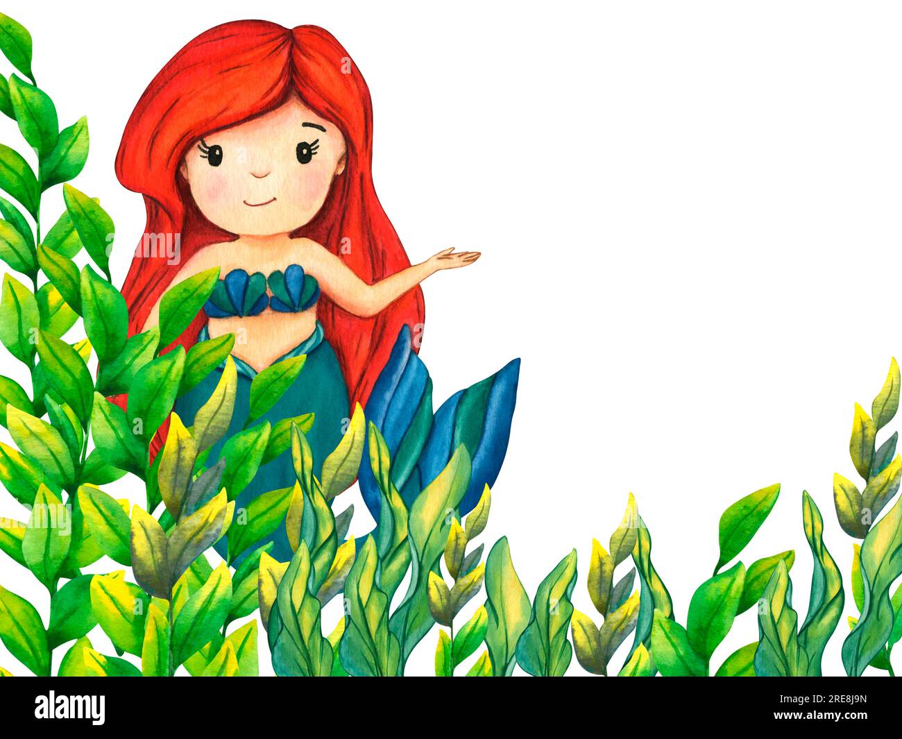 Watercolor seaweed frame with little mermaid character. Sea plant ...