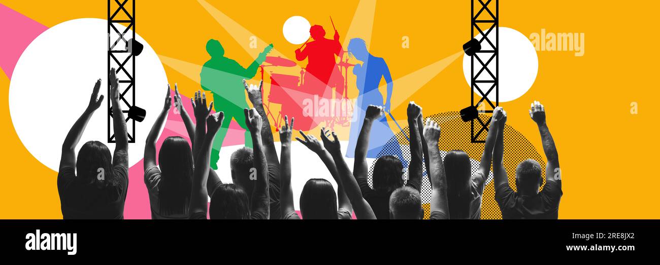 Musicians making live performance, concert. People silhouettes dancing ...