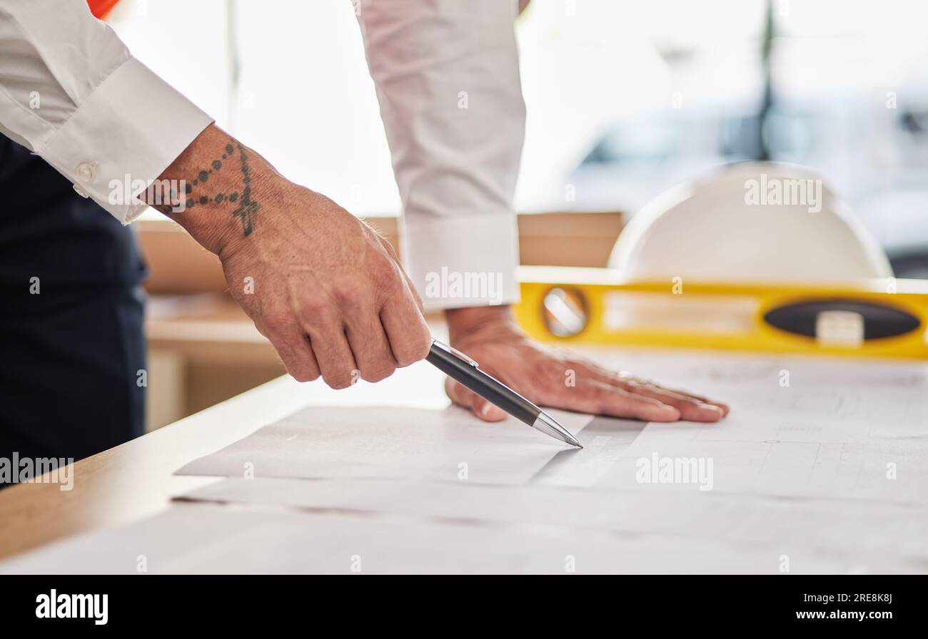Hands, architecture and pen for drawing blueprint, project illustration ...