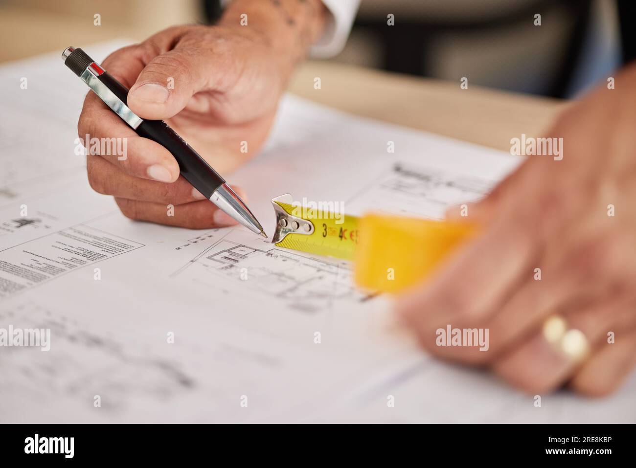 Hands Architecture And Tape Measure For Drawing Blueprint Illustration Or Engineering Process