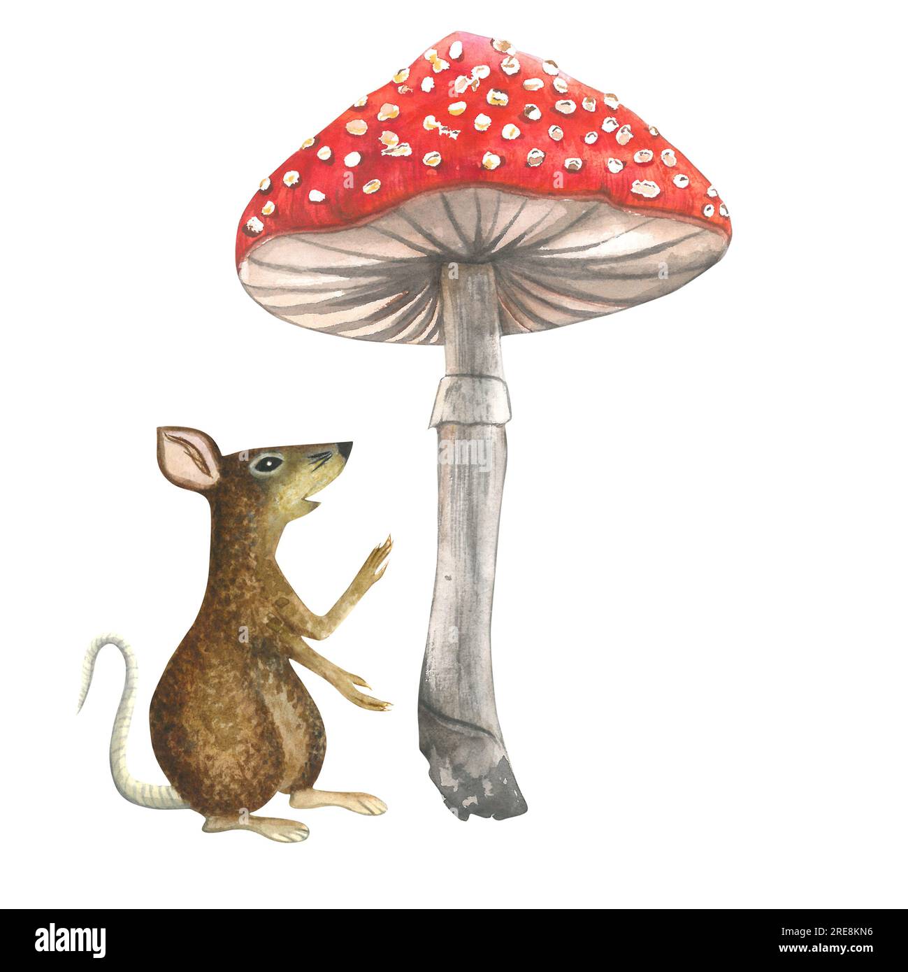 Watercolor illustration of mouse and fly agaric, composition isolated ...