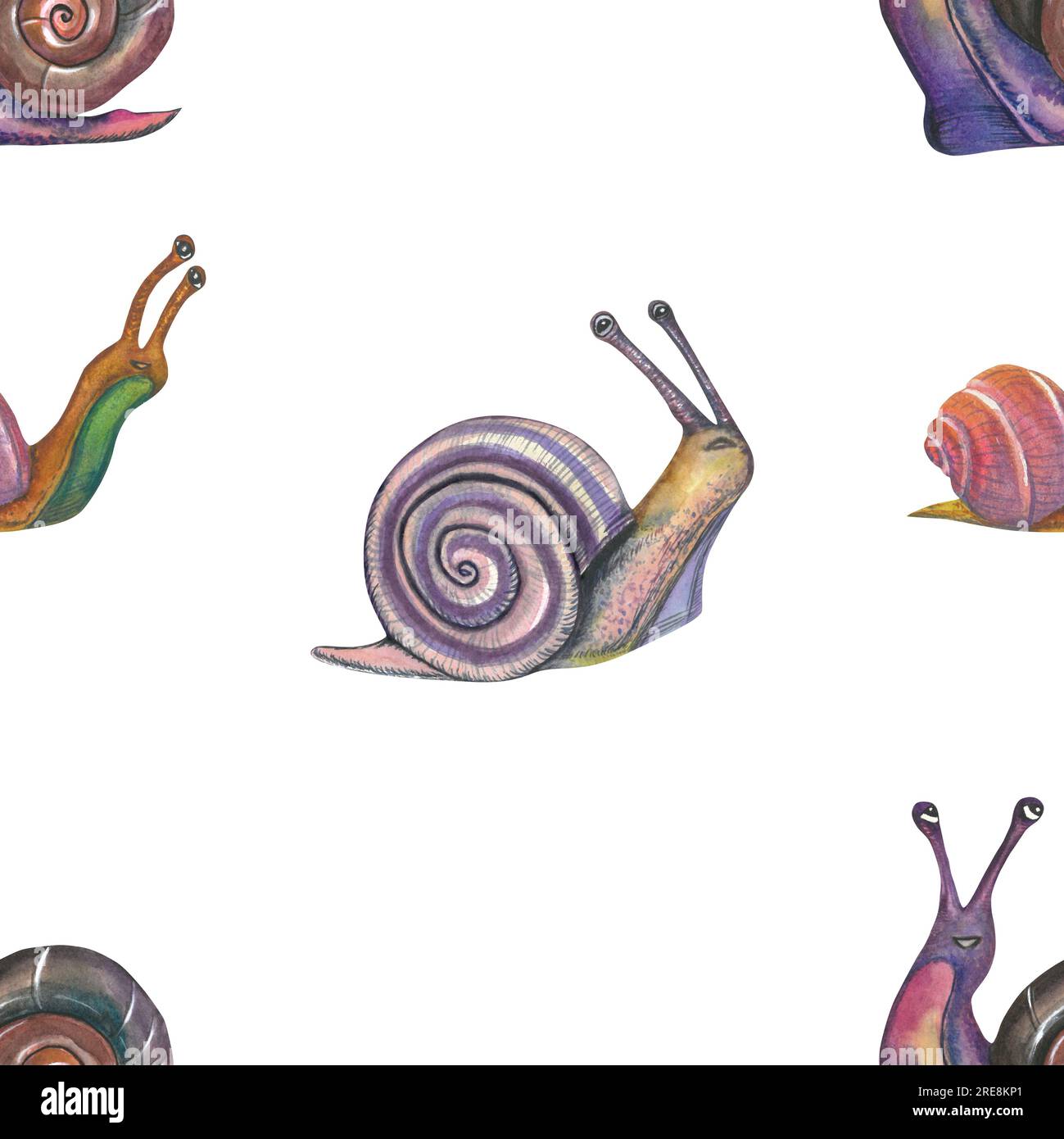 Watercolor illustration of colorful snails, seamless pattern on white ...