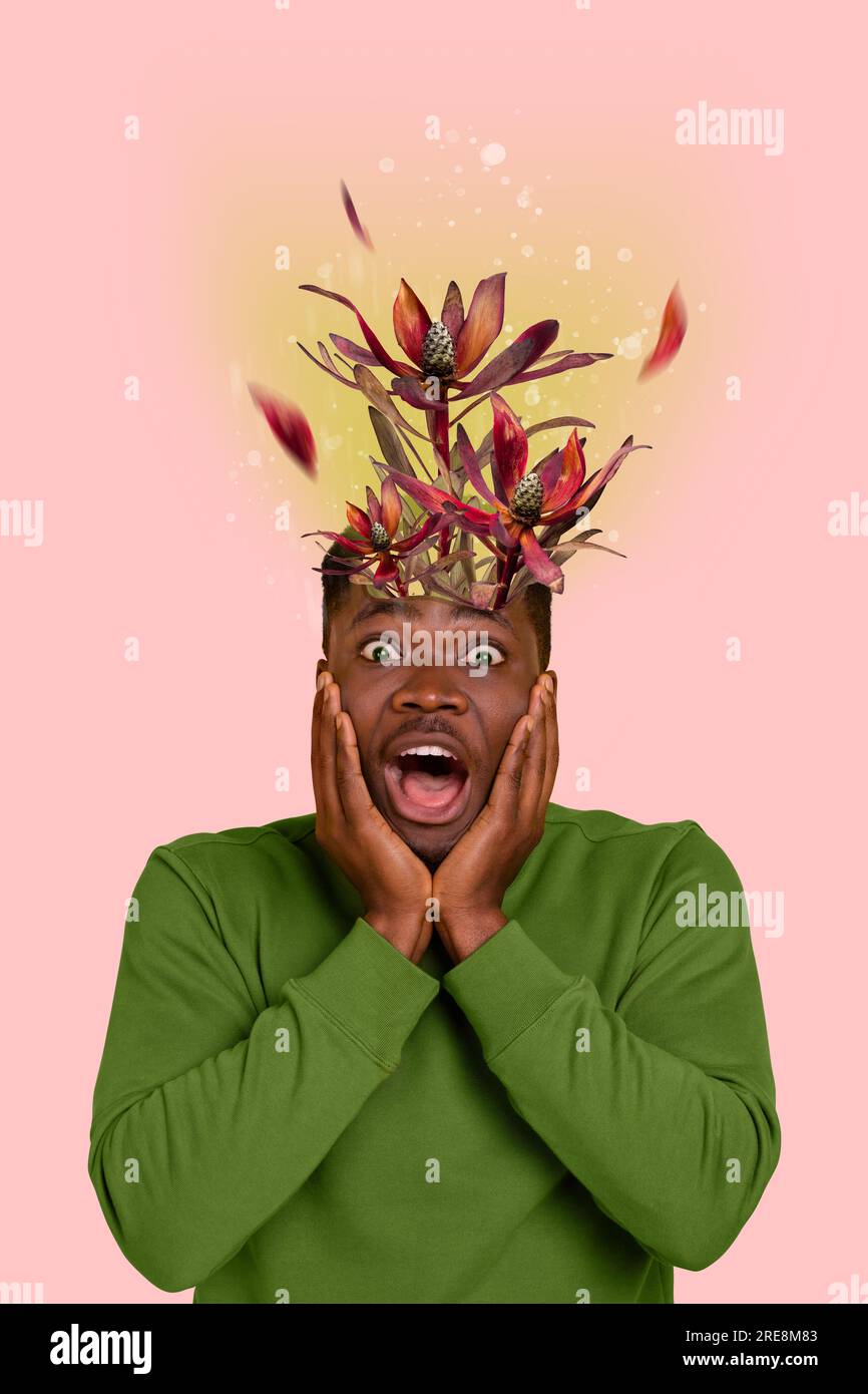 Creative trend collage of scared face allergic afraid man flowers nature spring fear shock omg ...