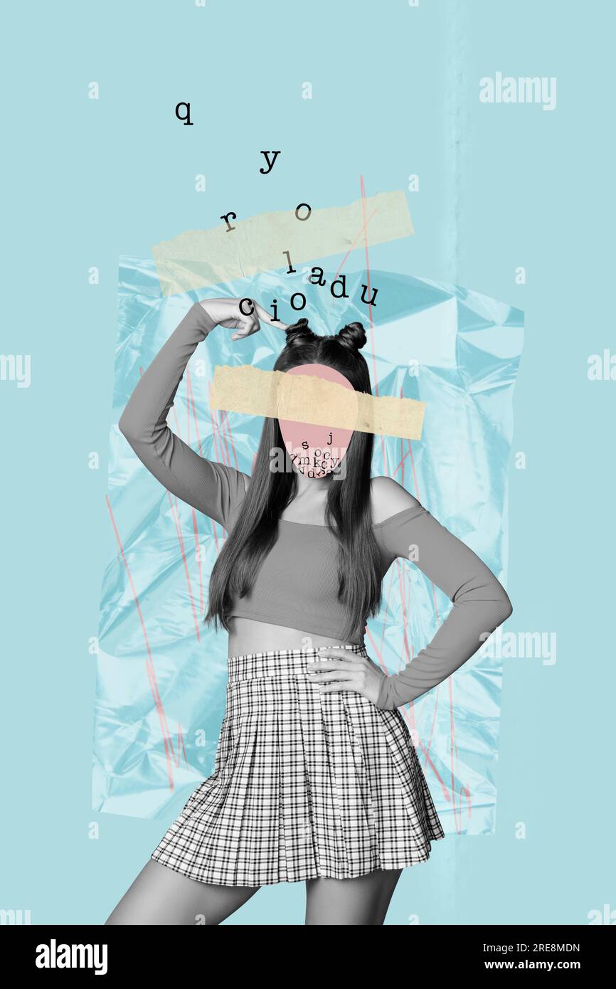 Creative poster banner collage of faceless lady pointing head feel ...