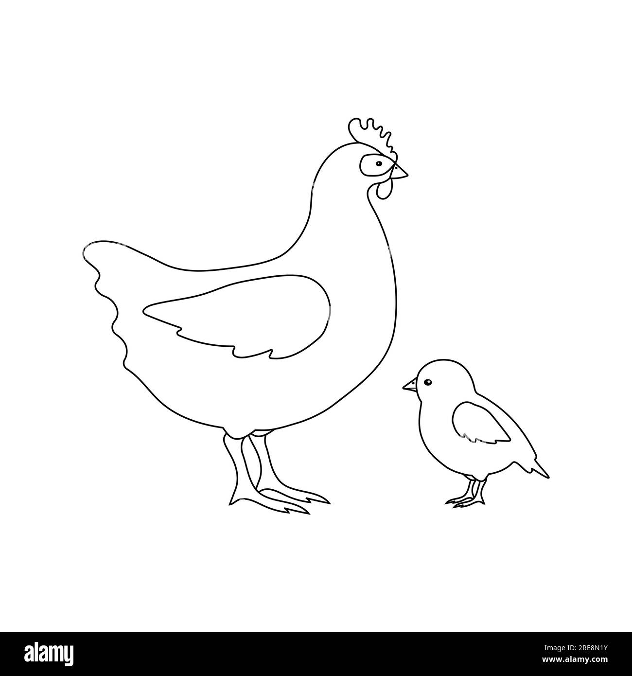Vector flat hand drawn outline chicken and chick isolated on white ...