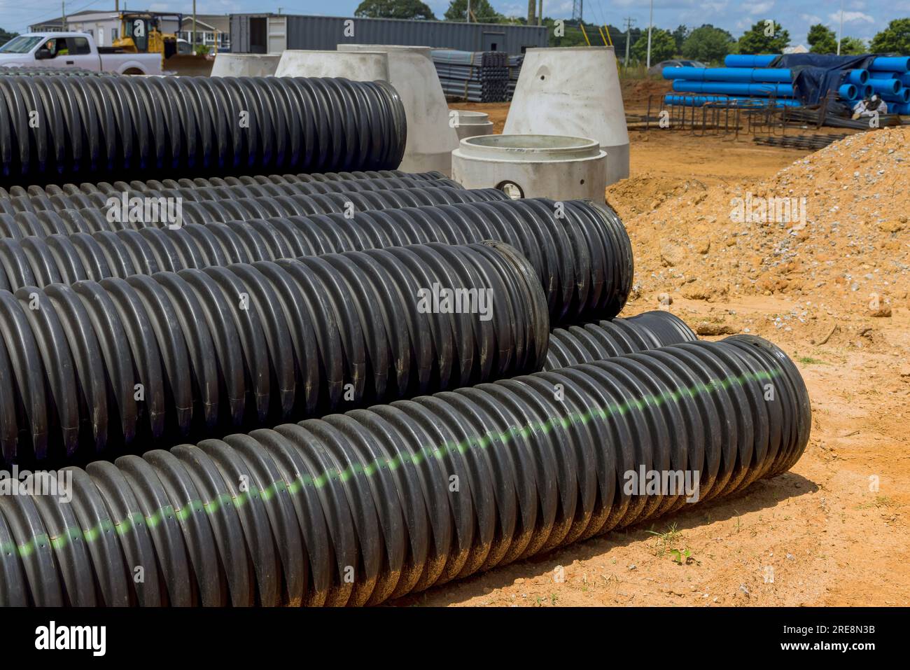 There are black plastic pipes for drainage collectors on construction ...