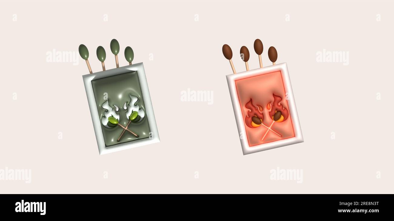 3d illustration burning match with fire, opened matchbox, burnt ...