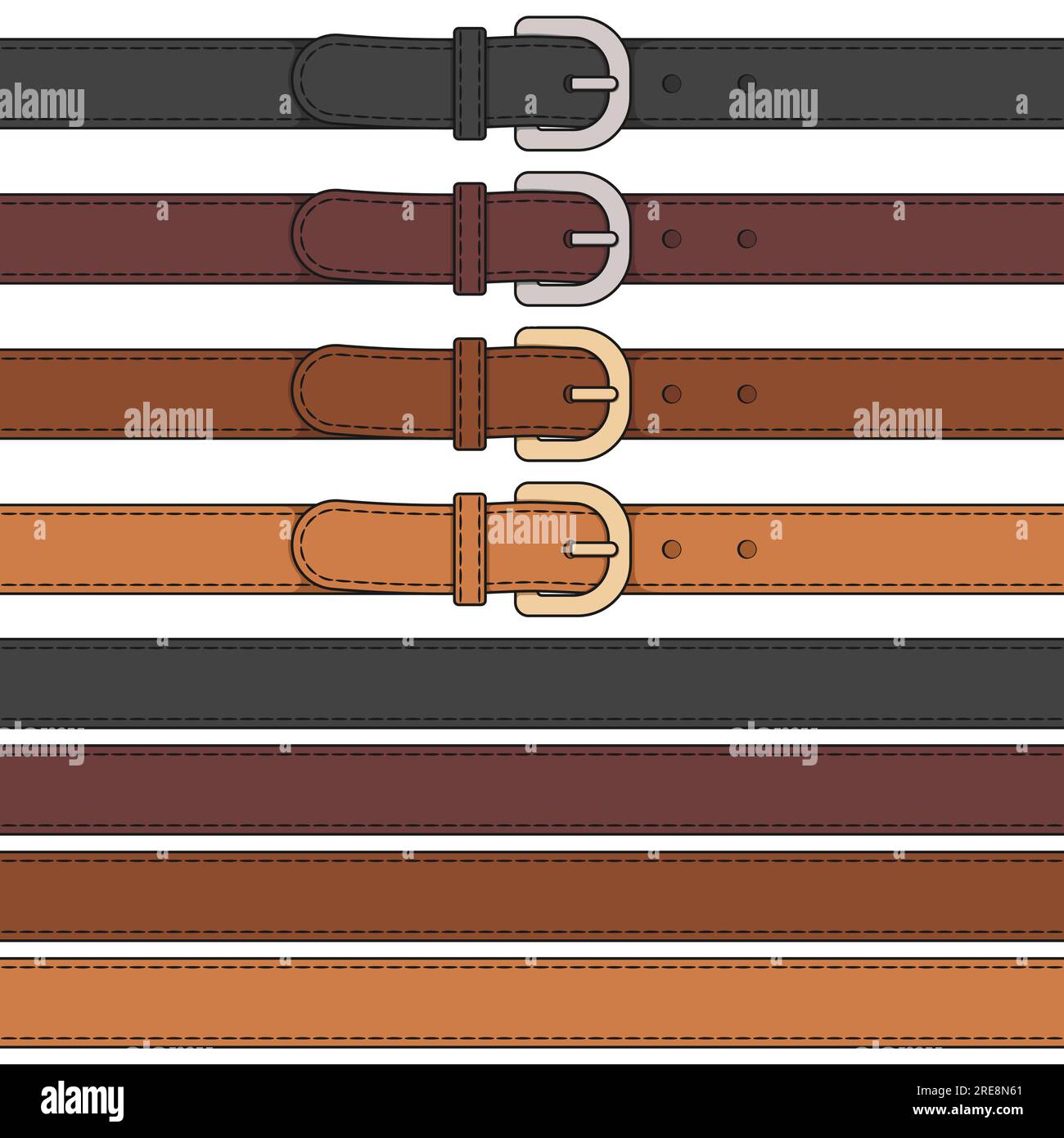 Set of color illustration of leather belt with buckle. Isolated vector ...