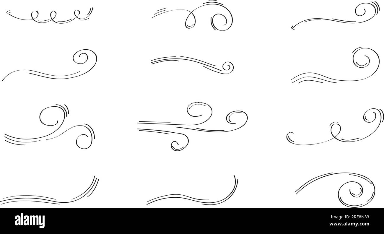 Doodle wind icon set. Swirl elements hand drawn doodle. Wind blows ...