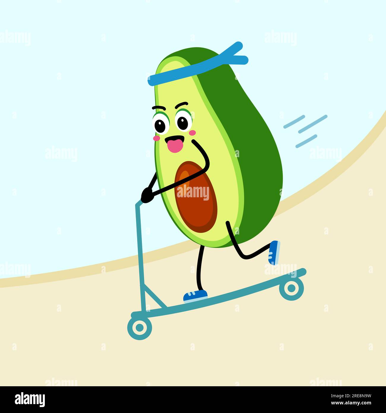 Cute Avocado character ride a scooter. Cartoon avocado scooter sports ...