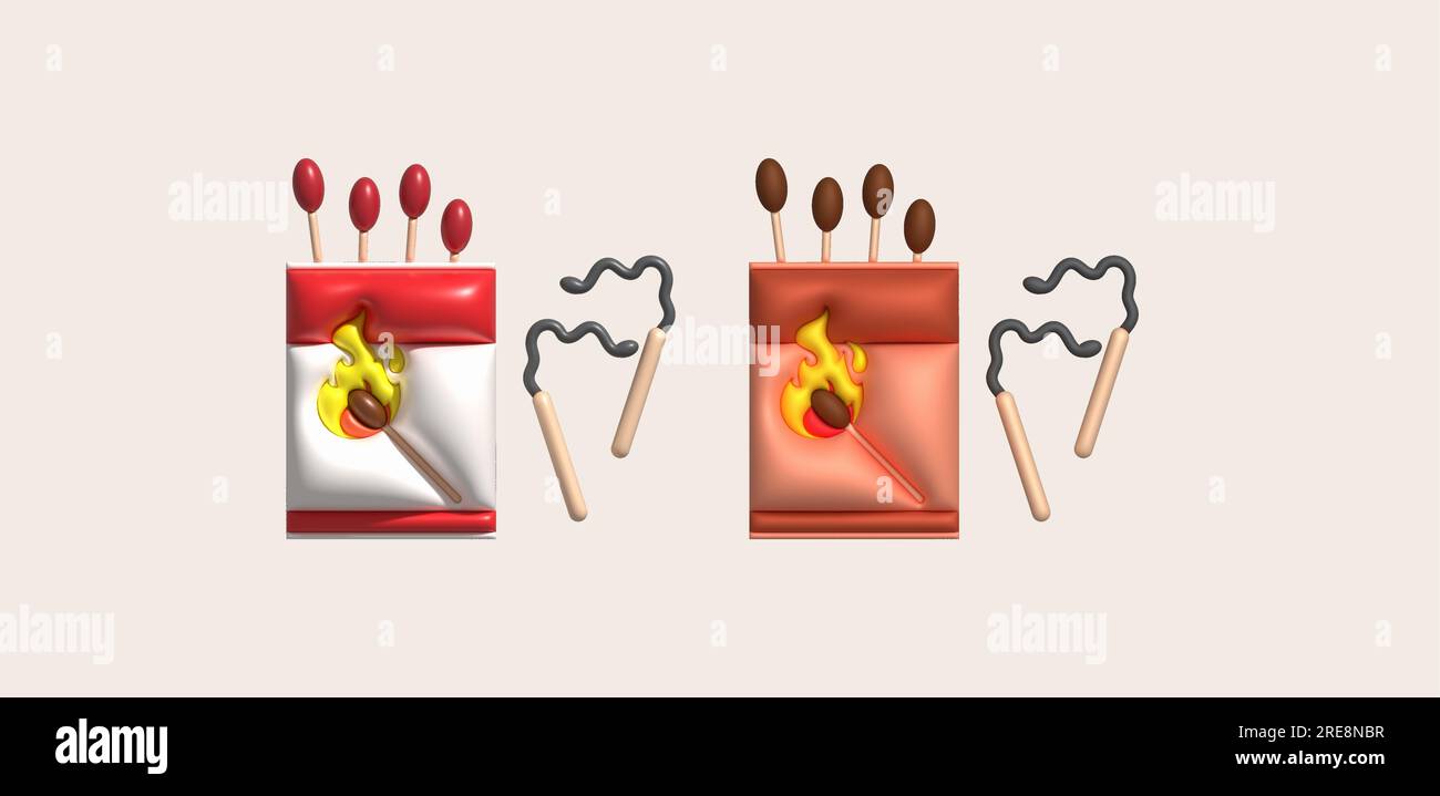 3d illustration burning match with fire, opened matchbox, burnt ...