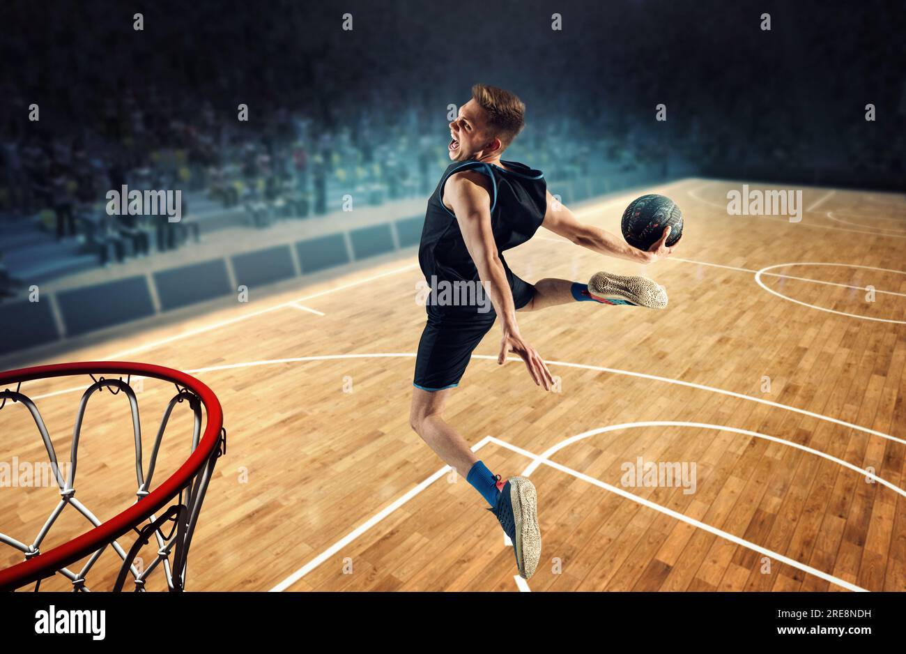 Top view image of emotional man, basketball player in motion during ...