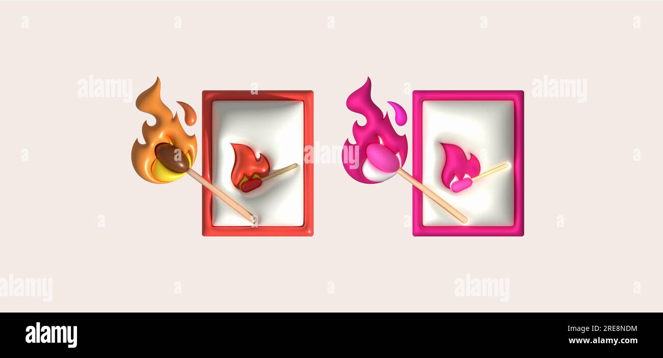 3d illustration burning match with fire, opened matchbox, burnt ...