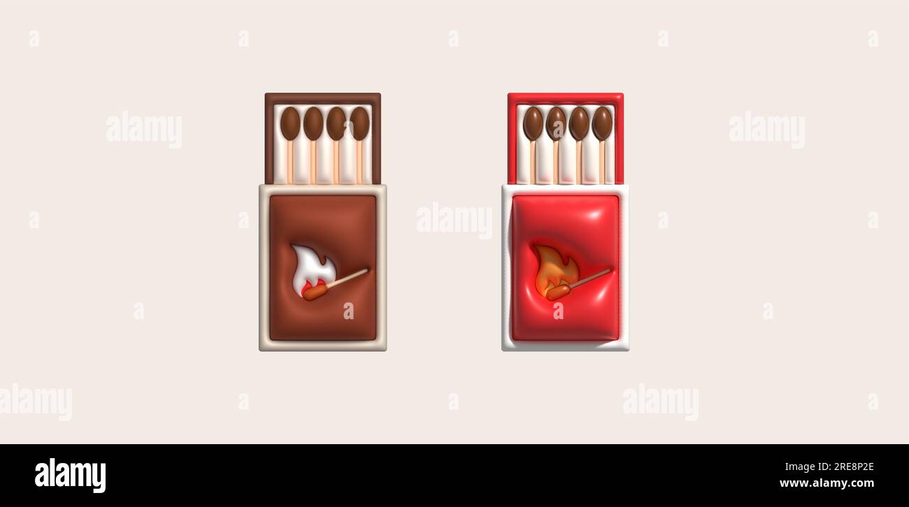 3d illustration burning match with fire, opened matchbox, burnt ...