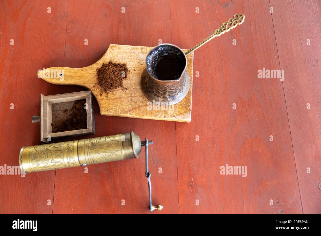 Vintage coffee pot and manual coffee grinder. Retro style of making ...