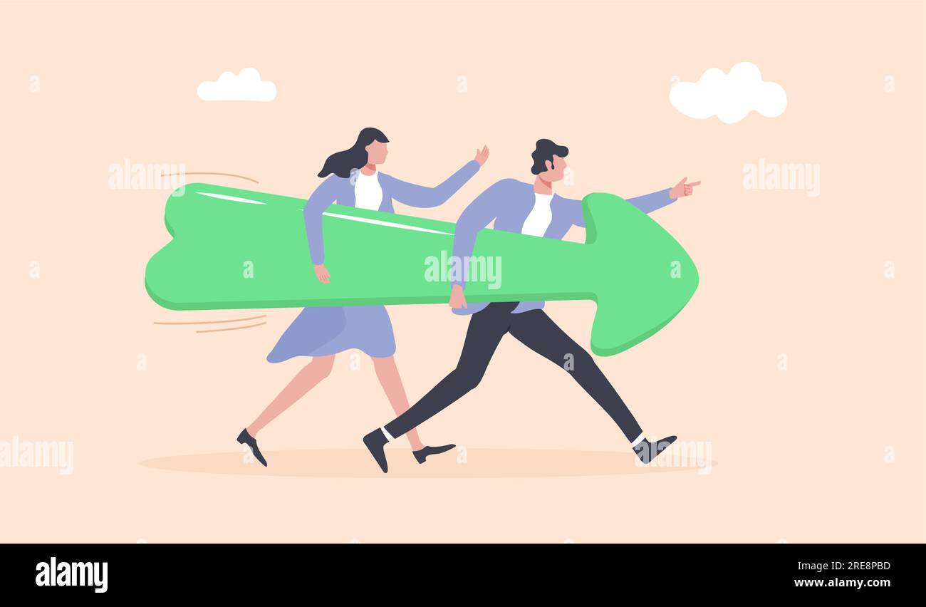 Businessmen, Businesswomen with big arrow run. Move forward for success ...