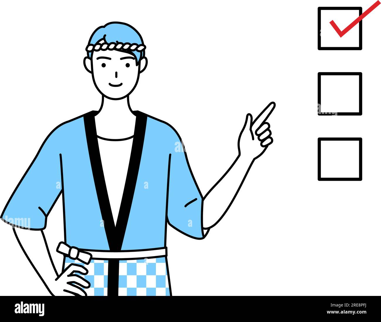 Man wearing Happi coat for summer festivals pointing to a checklist ...