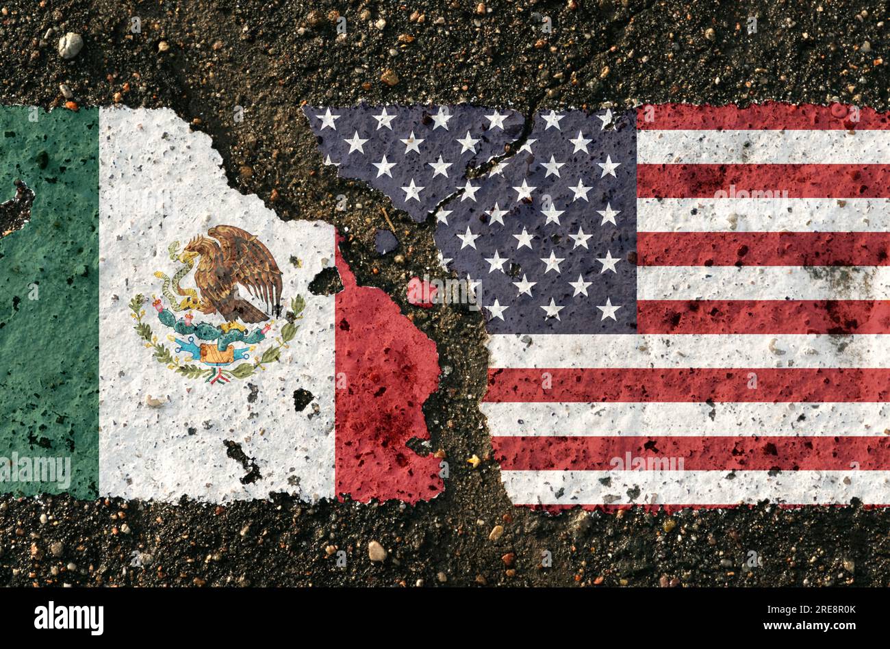 On the pavement are images of the flags of Mexico and the United States ...