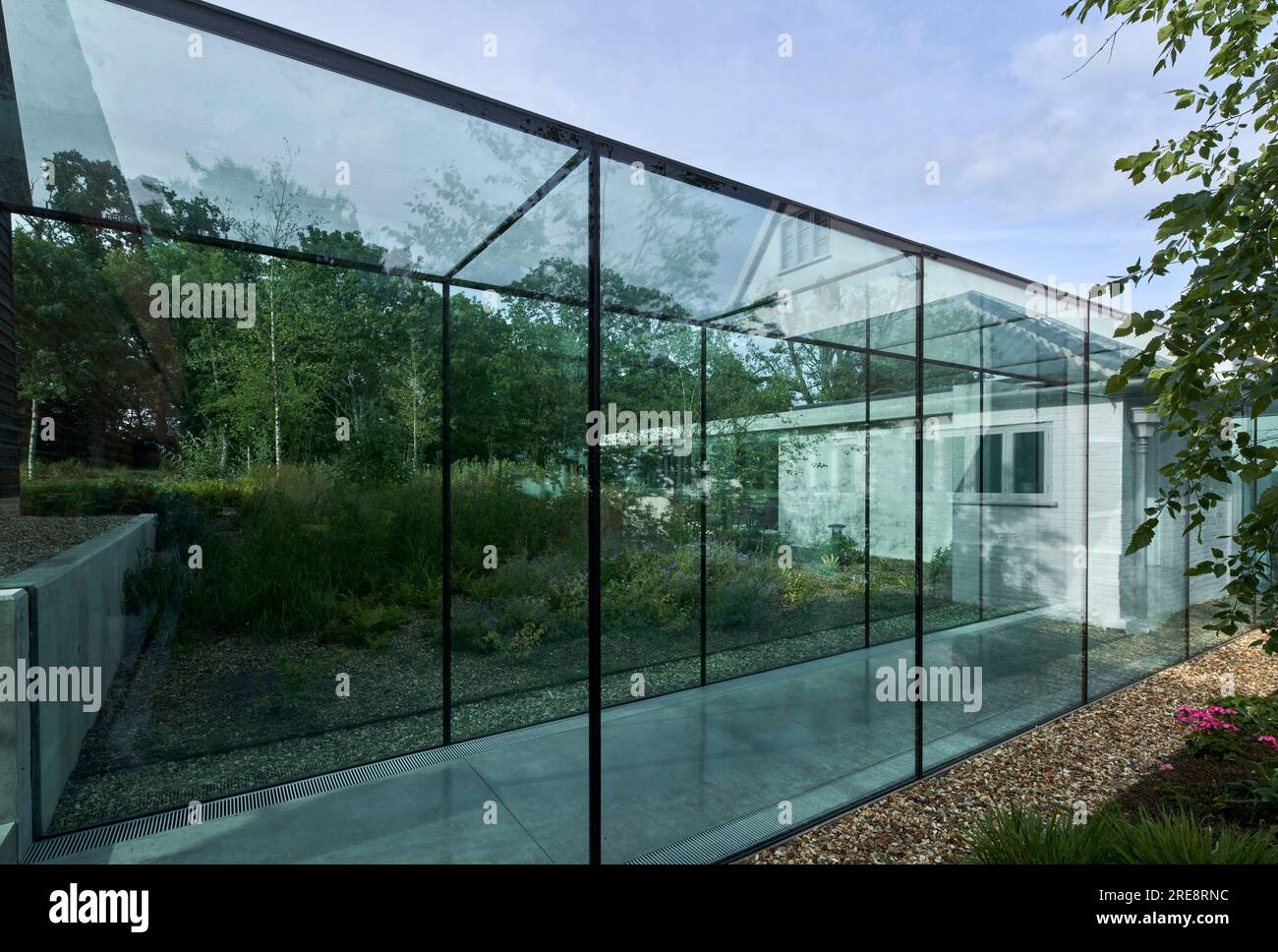 Side view showing glass link corridor. Listed Farmstead, Suffolk ...