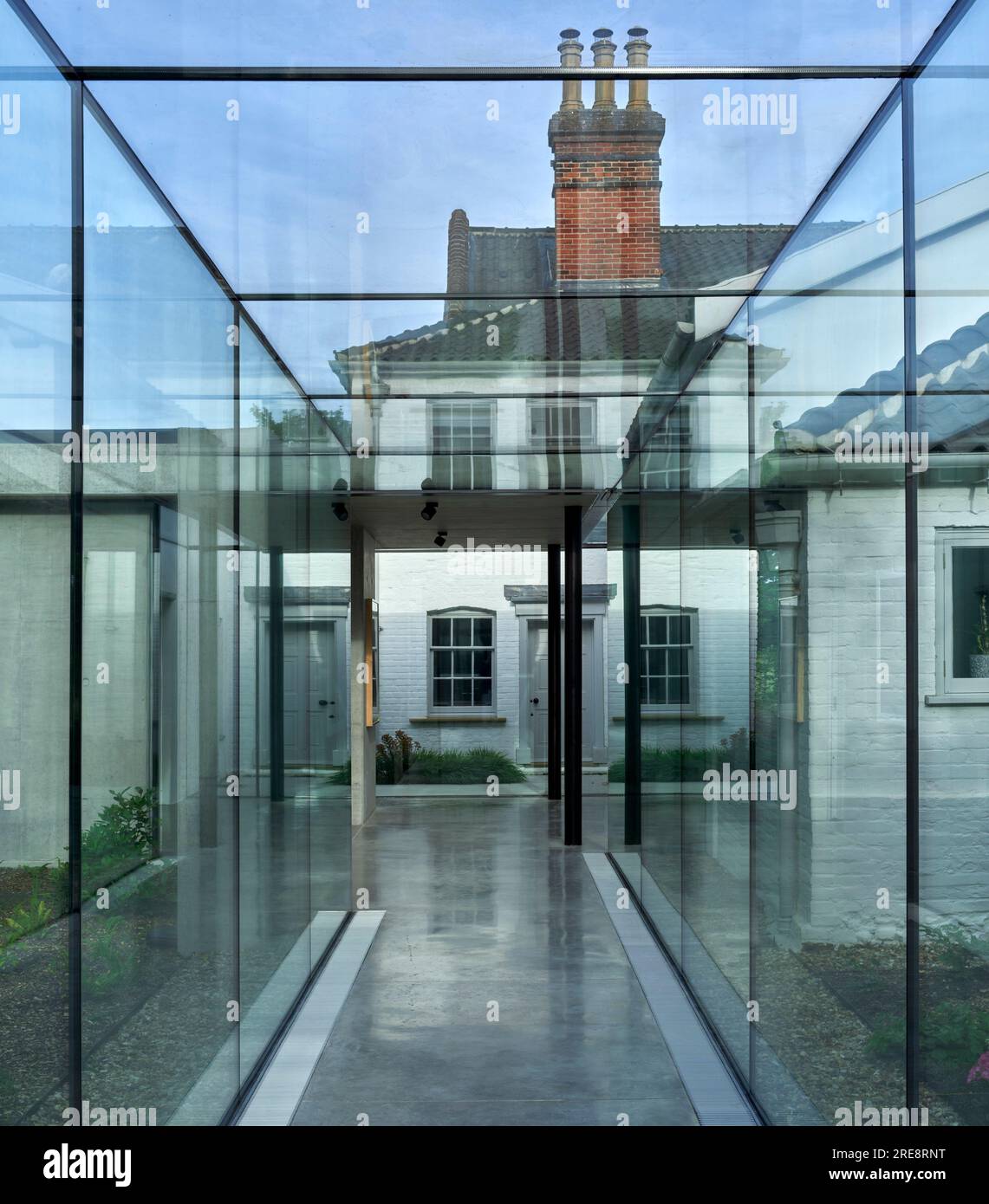 Interior view showing glass link corridor. Listed Farmstead, Suffolk ...