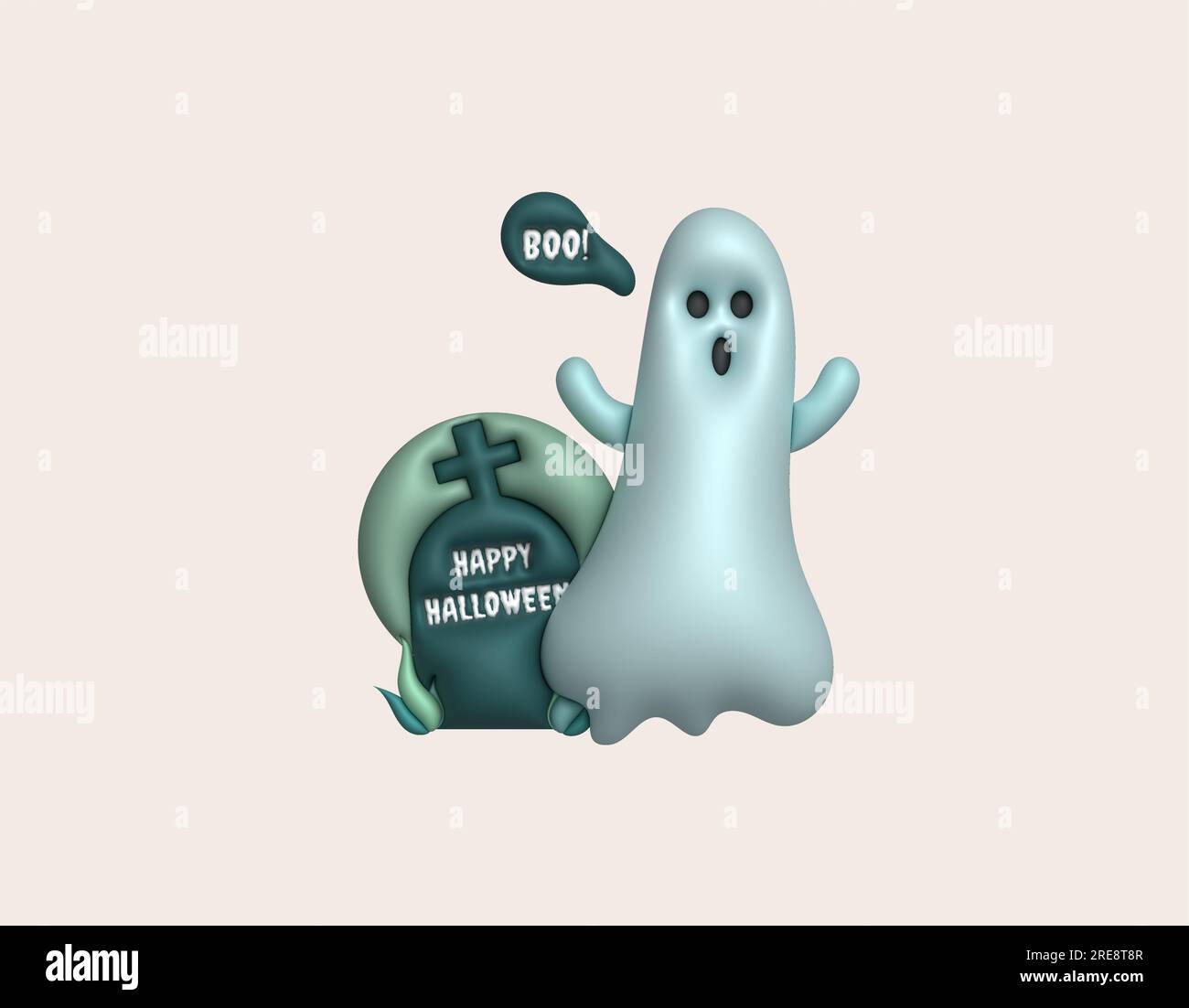 3d illustration. Halloween cute little ghost and grave cemetery Boo ...