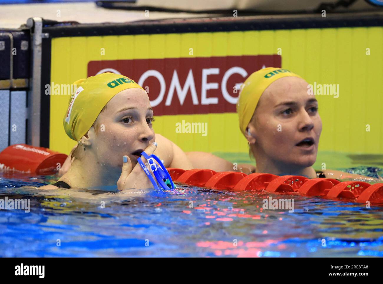 Mollie O'CALLAGHAN (L) and Ariarne TITMUS of Australia react during the women's 200m freestyle ...