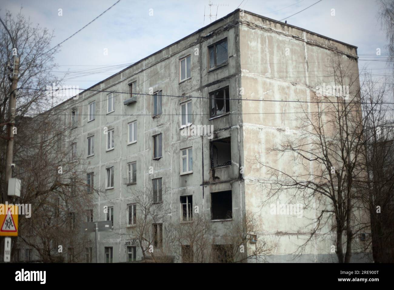 Burnt house. After fire in apartment. Old building in city. Broken ...