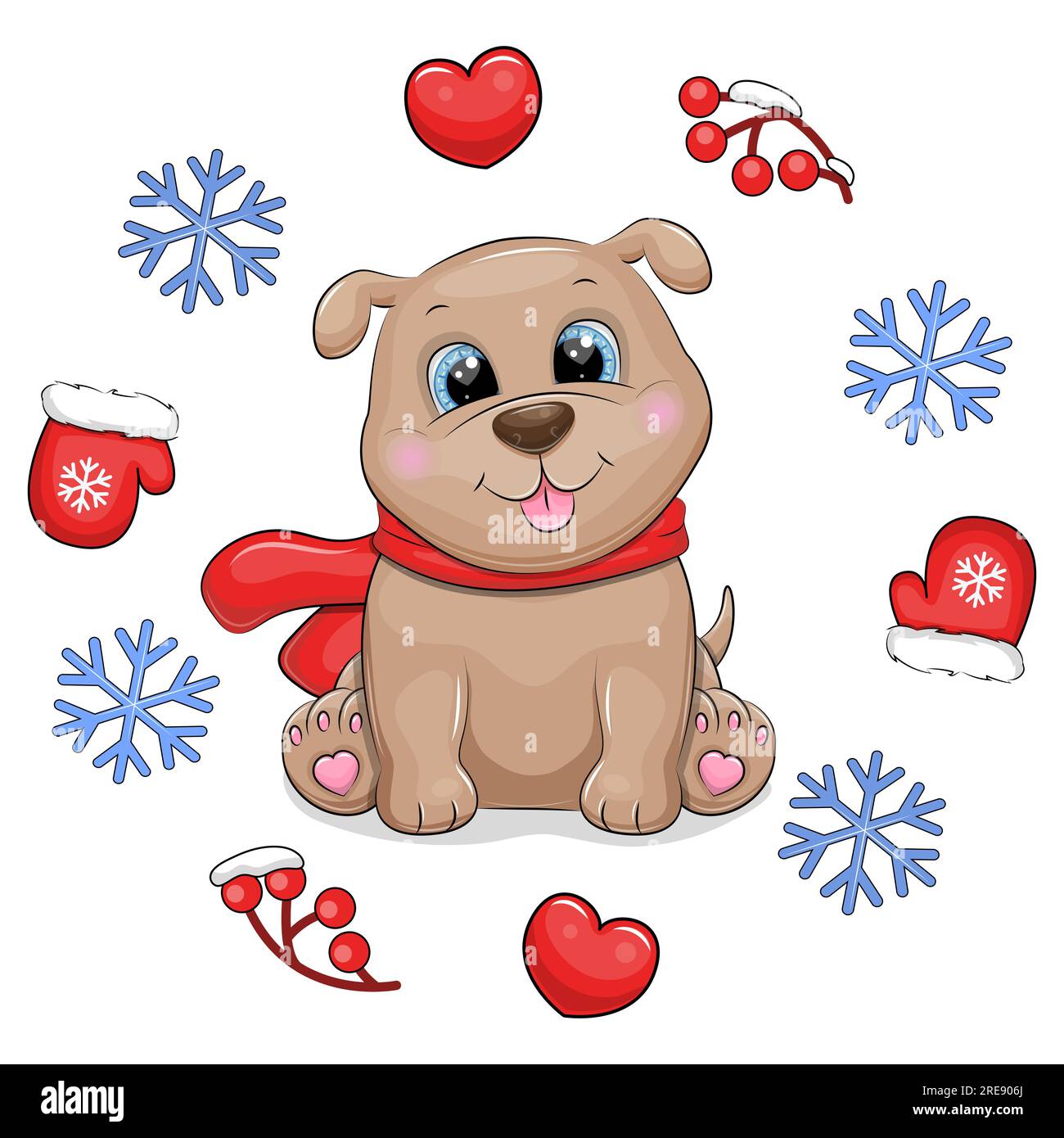 Cute cartoon dog with a red scarf in a winter frame. Vector ...