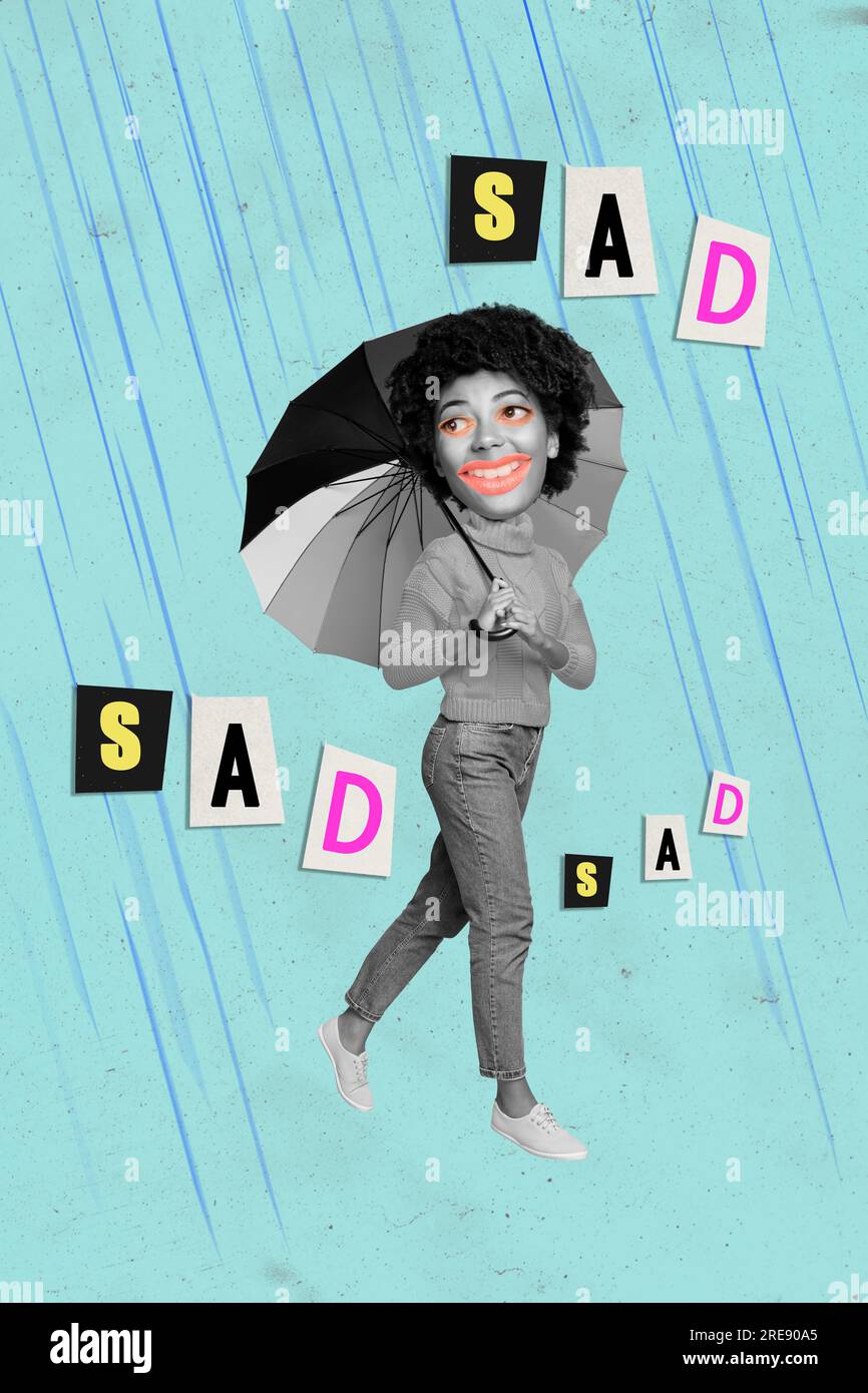 Template creative collage of lonely single lady walk under parasol feel ...