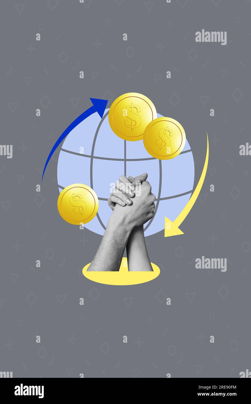 Picture conceptual collage of two human arms touch financial success growth trust help ...