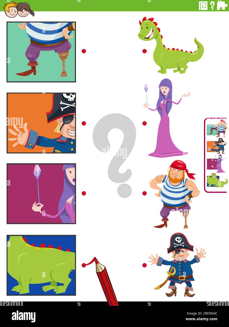 Cartoon illustration of educational matching activity with fantasy ...
