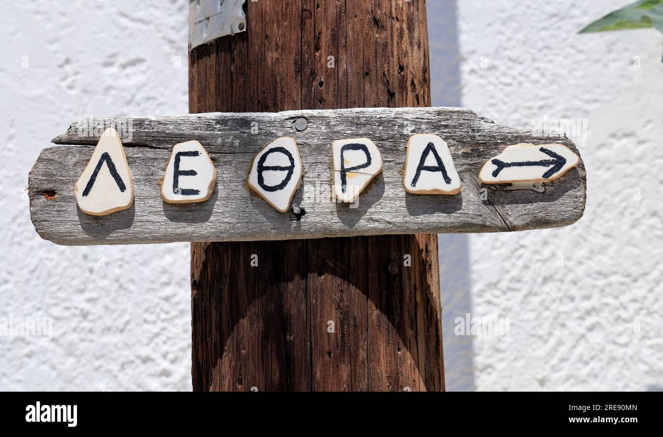 Sign in Greek for the footpath to Lethra from Livadia, Tilos ...