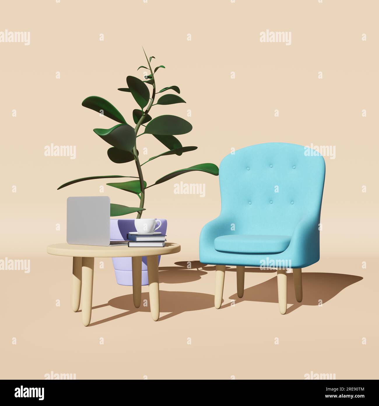 Soft armchair table laptop coffee cup notepad book plant pastel ...