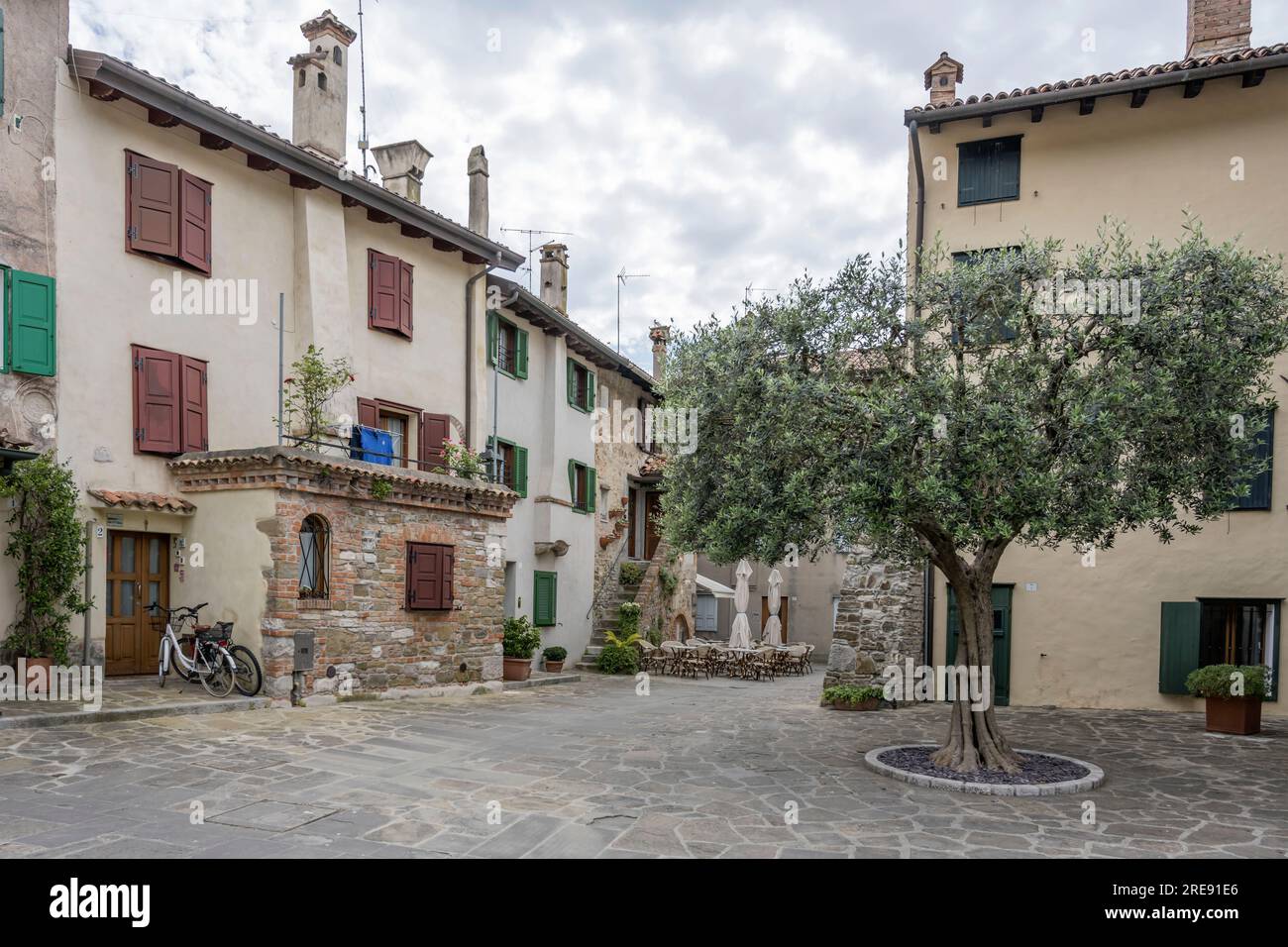 cityscape with tree and picturesque old buildings of historical town ...