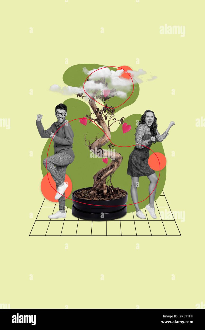 Vertical collage of two mini black white colors excited partners raise ...