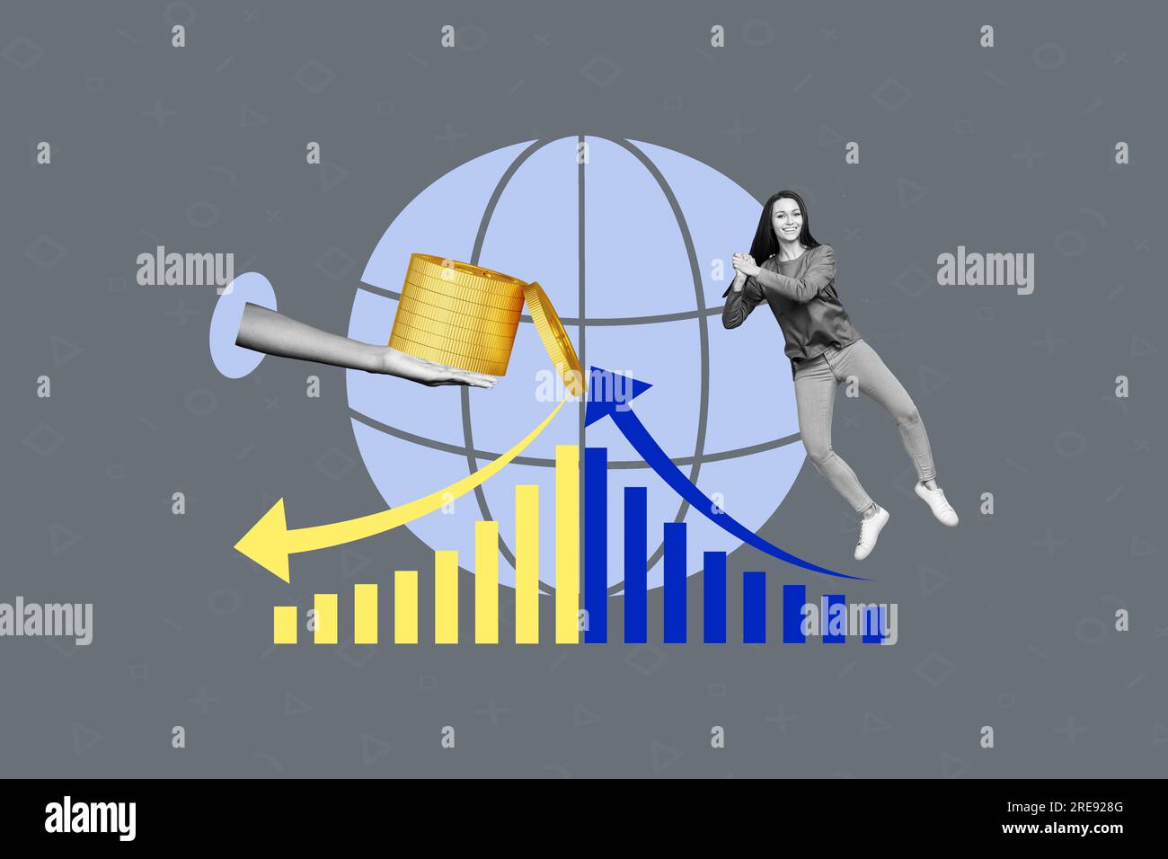 Poster magazine collage sketch of funny girl jump up rejoice avoid ...