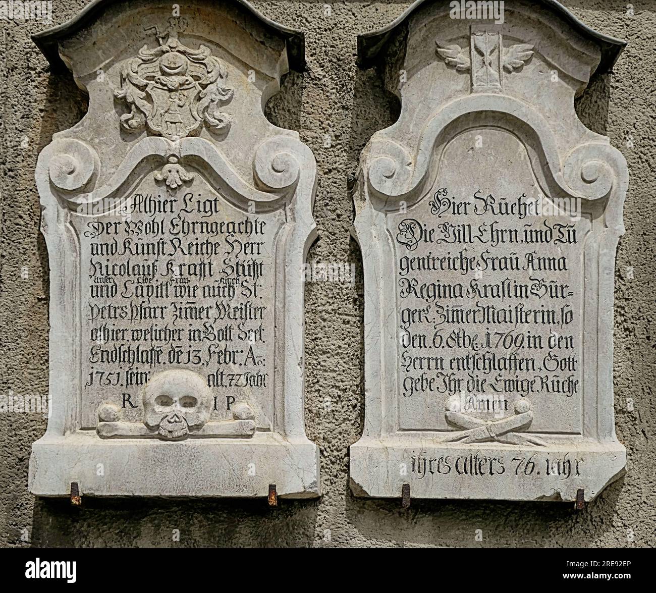 two white marble tombstones dated 18th century with inscription in old ...