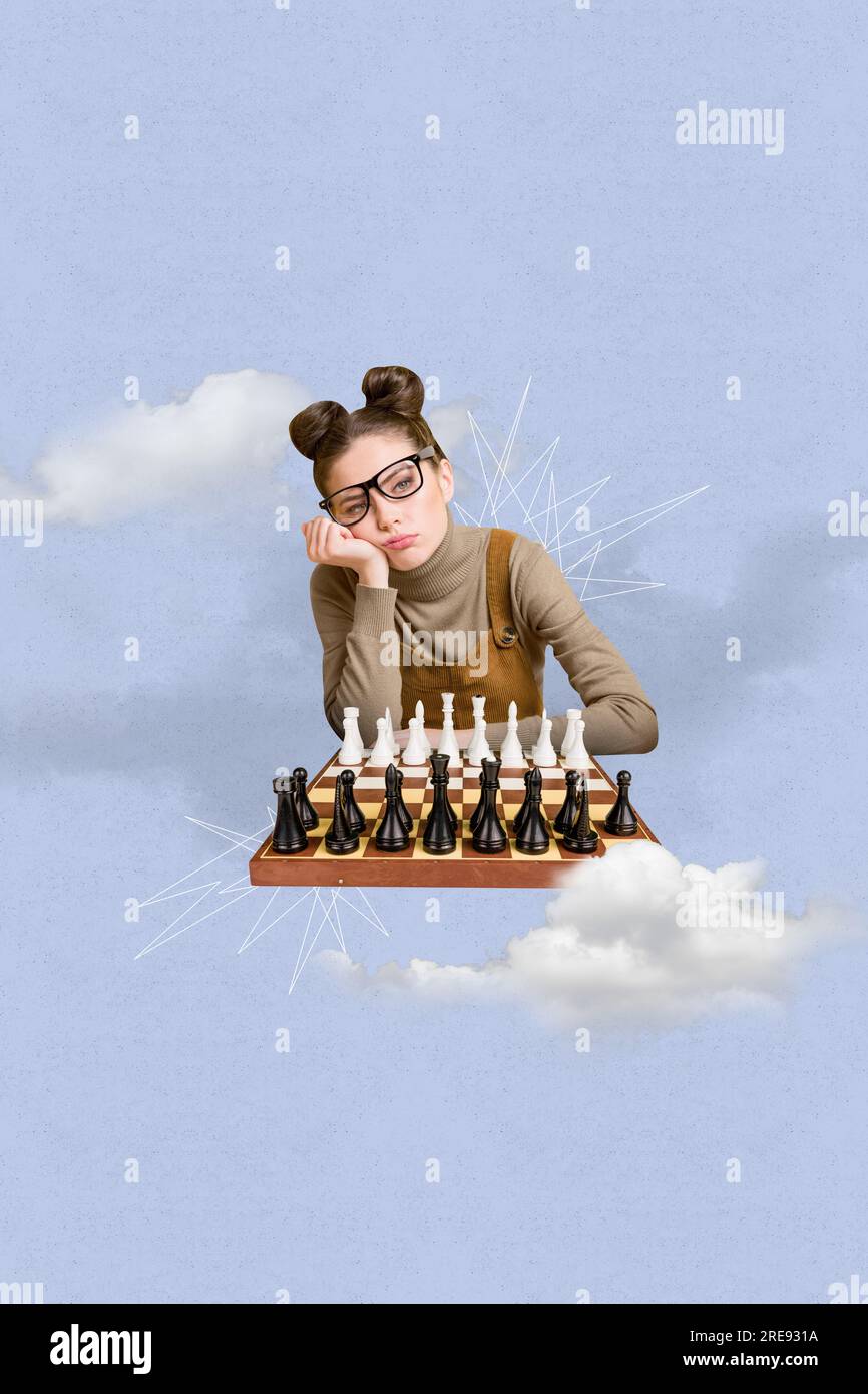 Vertical illustration picture young woman depressed boring game collage ...